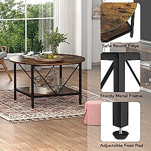 Yusong Round Coffee Table for Living Room, Farmhouse Circle 32 Inch Coffee Tables with Storage Shelf, 2-Tier Modern Center Table Easy to Assemble, Rustic Brown and Black
