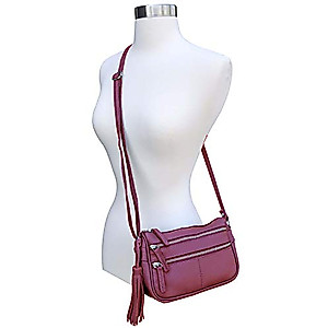 Roma Leathers Tassel Compact Body Purse - Cowhide Leather, Metal Zipper Teeth - Wine