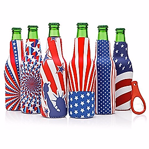 Beer Bottle sleeves - Set of 6 Zipper American Flag Theme Coolies - Extra Thick Neoprene - Fully stitched, Non-Glued Base - Bonus Bottle Opener - Trendy & Awesome Gift or Hosting Item #6USF