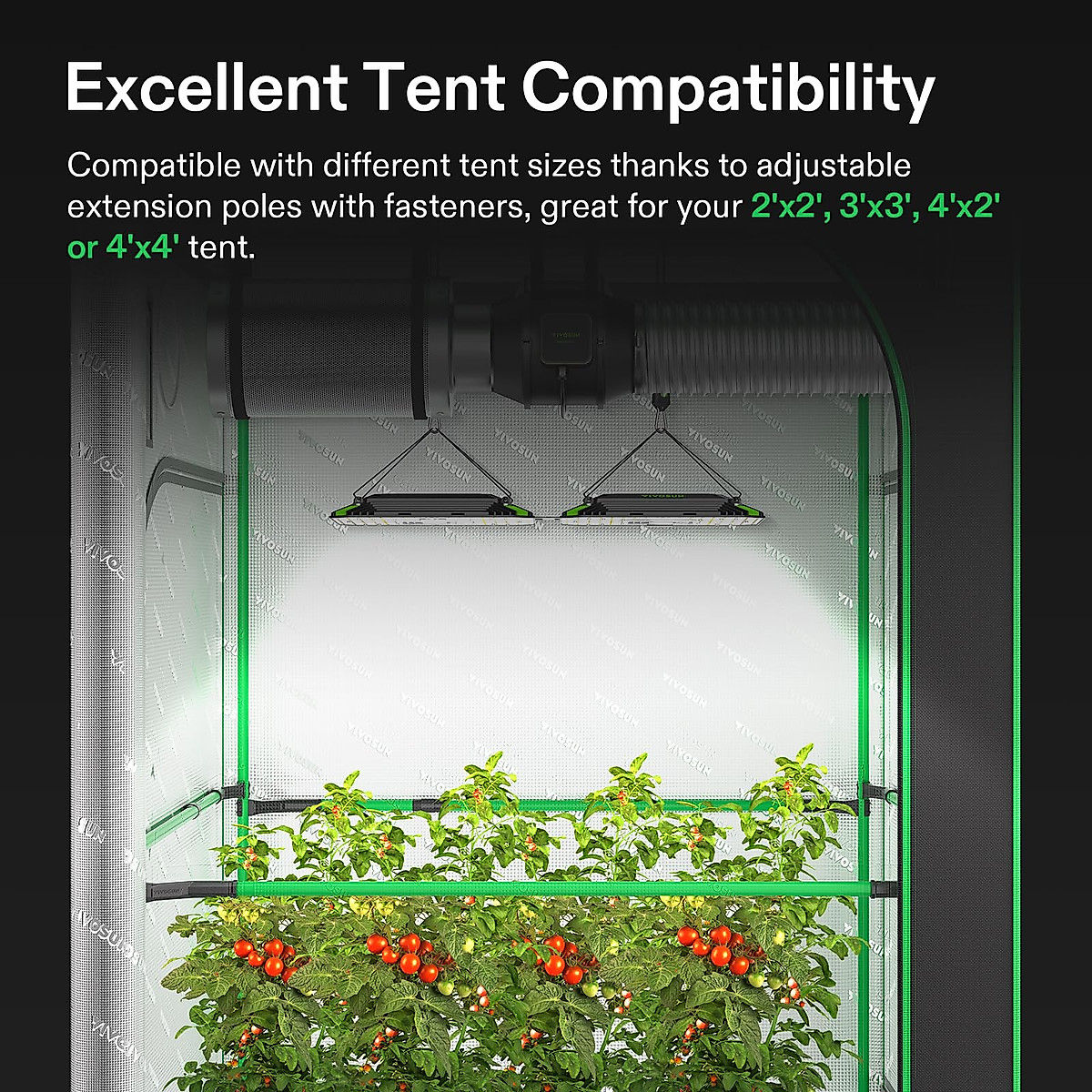 VIVOSUN Grow Tent High CFM Kit, Green Pole Range of 24"-48", Suitable for 2'x2', 3'x3', 4'x2' and 4'x4'Grow Tent, 4-Pack