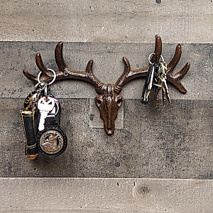 Treasure Gurus Cast Iron Deer Skull Antler Hooks Wall Mount Western Coat Rack Key Ring Rustic Home Decor