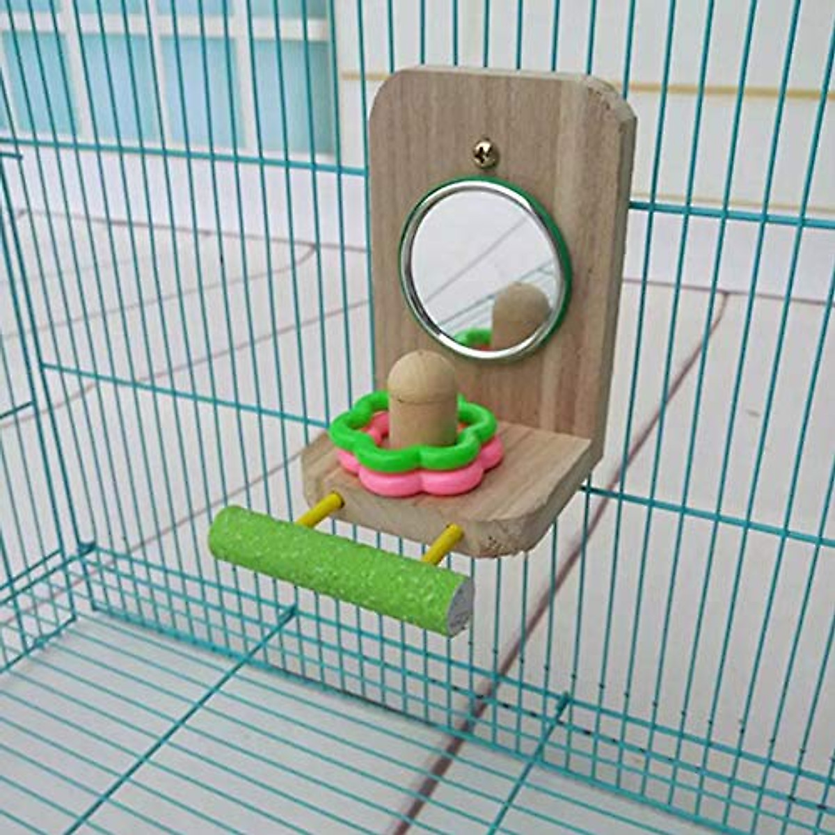 Bird Perch Mirror Toy Stand Parrot Chew Toy Intelligence Training Grinding Claw Trim Beak for Small Parakeet Cockatiel Conure Lovebird Canary Lovebird Budgie, Cage Accessories (Color Random)