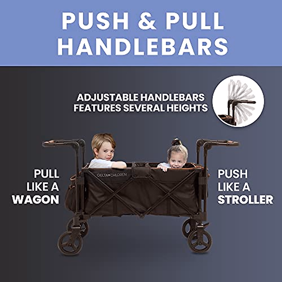 Delta Children Hercules Stroller Wagon for 2 Kids Versatile Stroller Wagon with Canopy, Push/Pull Handles, Cup Holders and Storage Pockets Compact Fold is Great for Travel, Black