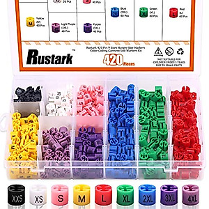 Rustark 420 Pcs 9 Sizes Hanger Size Markers Color-Coding Garment Size Markers Kit XXS-4XL Clothing Hangers Color Coded Size Clips Set with Storage Box (Multi Colors, XXS - 4XL)