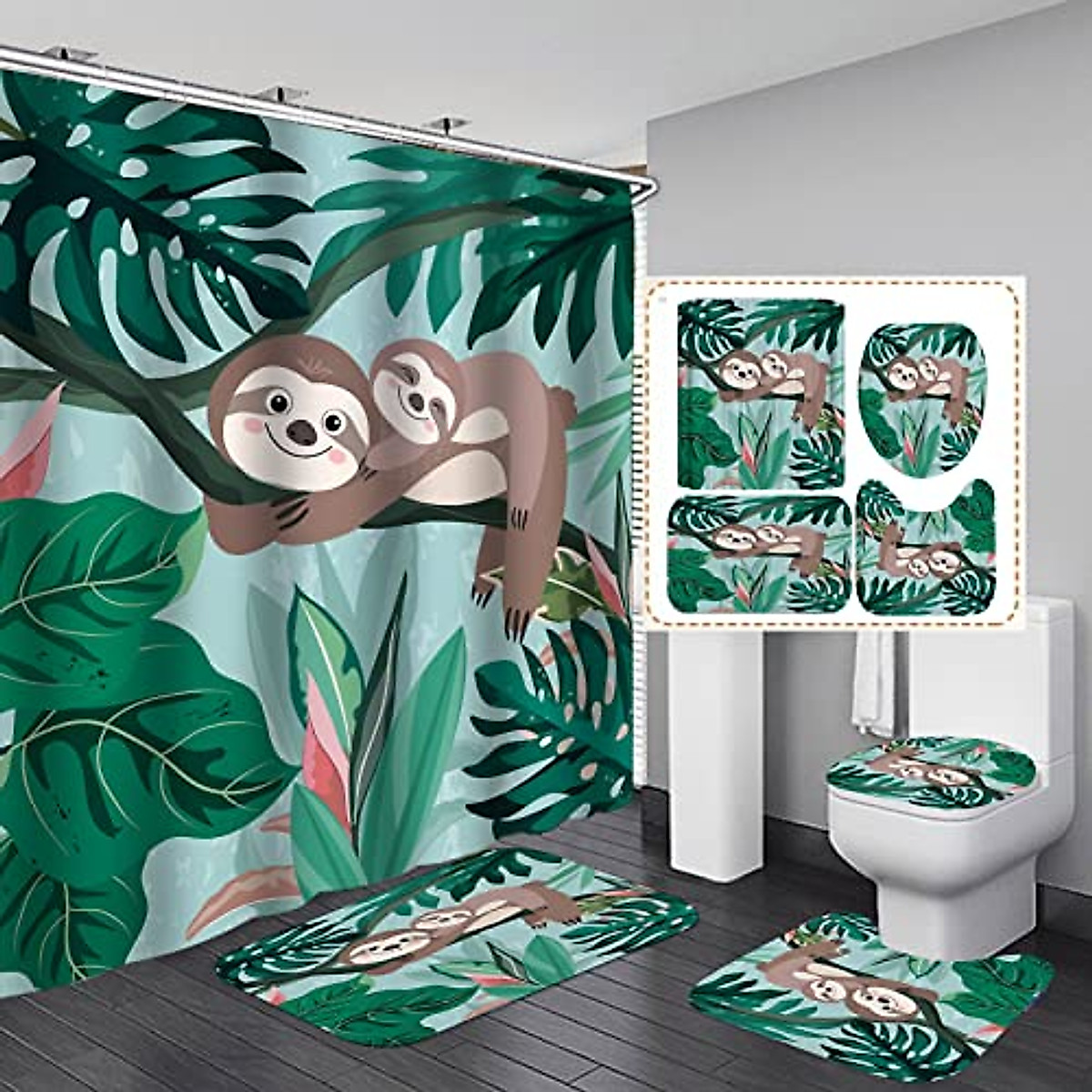 CERYUEE Bathroom Decor Sloth Shower Curtain Set with Rugs,Toilet Lid Cover, Bath Mat,Cute Animal Sloths Teal Green Waterproof Shower Curtains 72x72inch