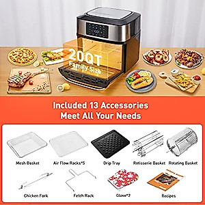 GLUCK Air Fryer Oven,10-in-1 20 QT Airfryer Toaster Oven with Visible Cooking Window,Large Air Fryer Toaster Oven Combo with Recipes & 13 Accessories ， ETL Certification