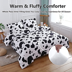 PERFEMET Cow Print Boys Comforter Set Full Size, 3-Piece Black White Geometric Kids Girls Bedding Set, Reversible Plaid Teen Boy Bed Sets with Pillowcases (Full, Black and White)