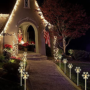 WATERGLIDE 10 Pcs Christmas Snowflake Pathway Stake Lights, 2 Pack x 5 Lighted Snowflakes Pathway Marker, Battery Operated with Timer Holiday Decorative Lights for Walkway Garden Xmas Winter