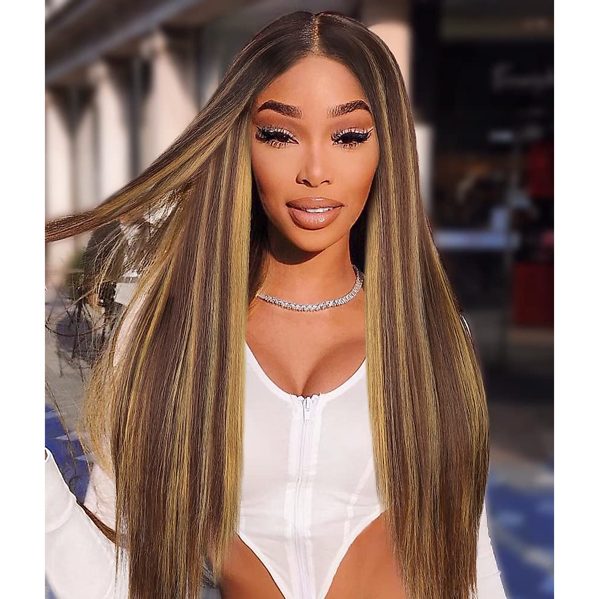 AISI HAIR Highlights Omber Blonde Wig for Women Synthetic Long Straight Hair Mixed Blonde Synthetic Hair Full Wig for Daily Use