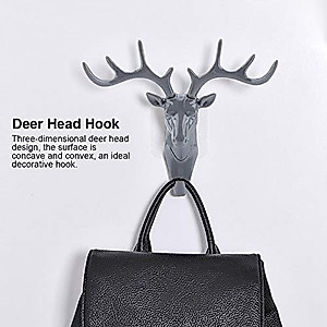 3D Deer Head Wall Hook Hanger Keys Coat Hat Rack Holder Self-Sticking Wall Mount for Home Room Decor(Gray)