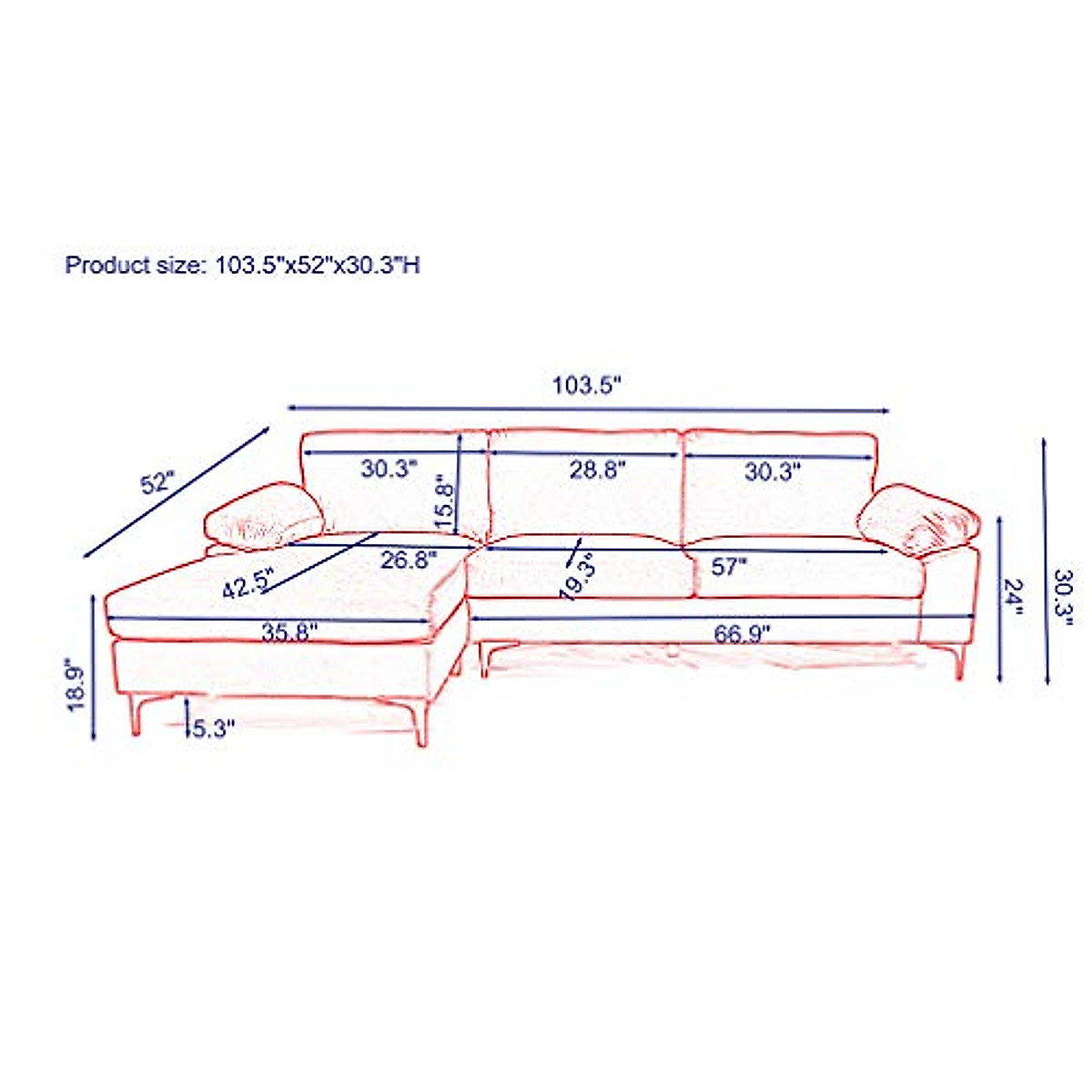 ZoooaH Sofas for Living Room Black Couch Sectional Sofa Left Hand Facing Chaise