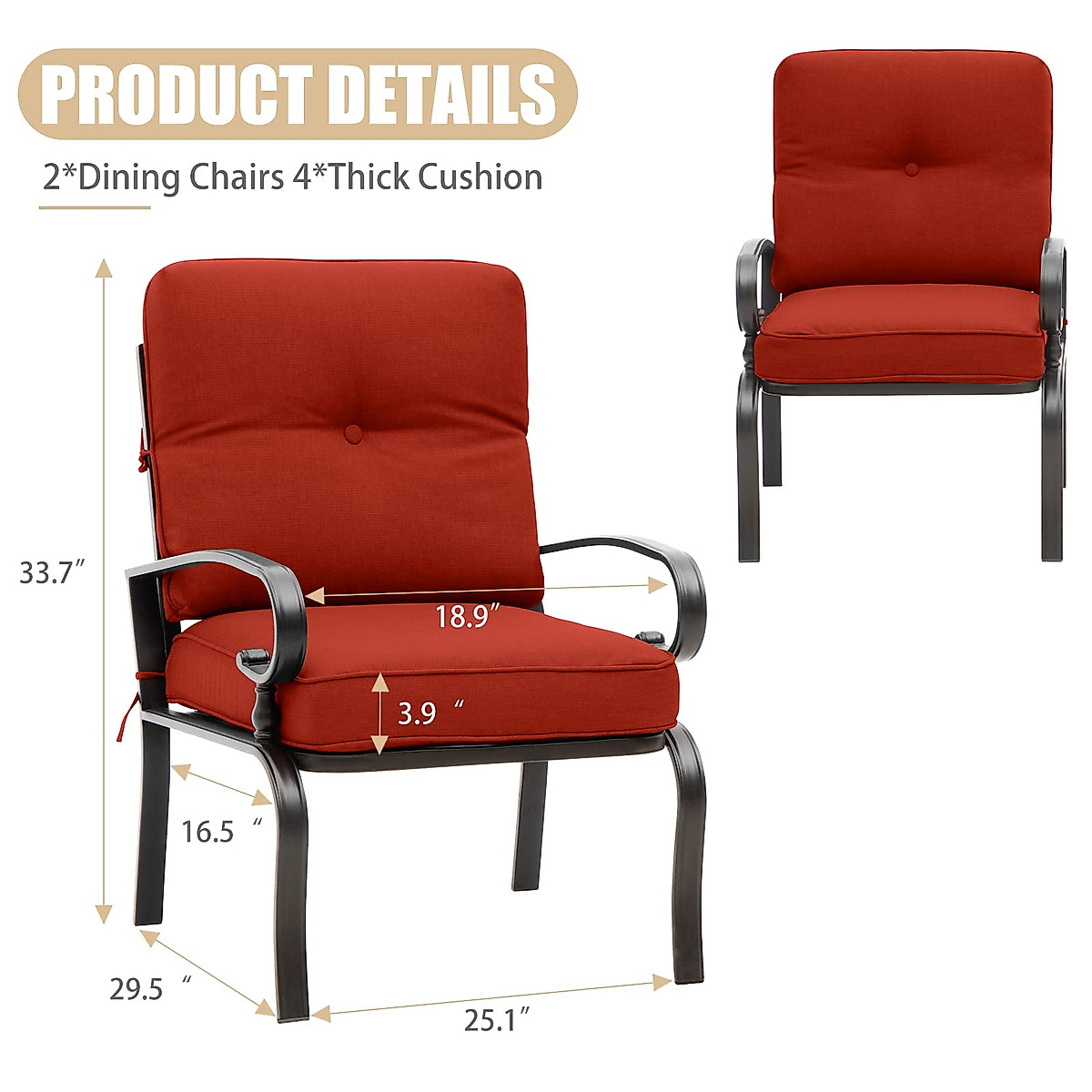 Incbruce Metal Outdoor Dining Chairs Patio Chairs Set of 2, Wrought Iron Chair Steel Frame Restaurant Chair, All-Weather Garden Seating Chair with Arms and Seat Cushions (Red)