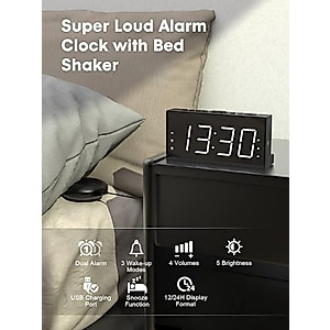 Super Loud Alarm Clock for Heavy Sleepers, Vibrating Alarm Clock for Hearing Impaired Deaf, Teens, Dual Alarm Clock with Bed shaker, Large Display Digital Clock with USB Port, Dimmer, Battery Backup