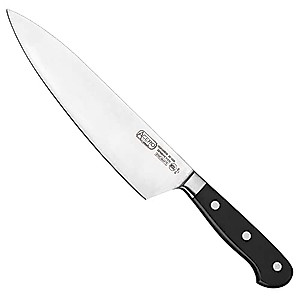 Winco KFP-85, 8″ Acero Chef’s Knife with Short Bolster, Cook's Knife with Black Handle, Triple Riveted One Piece Full Tang Professional Chefs Knife