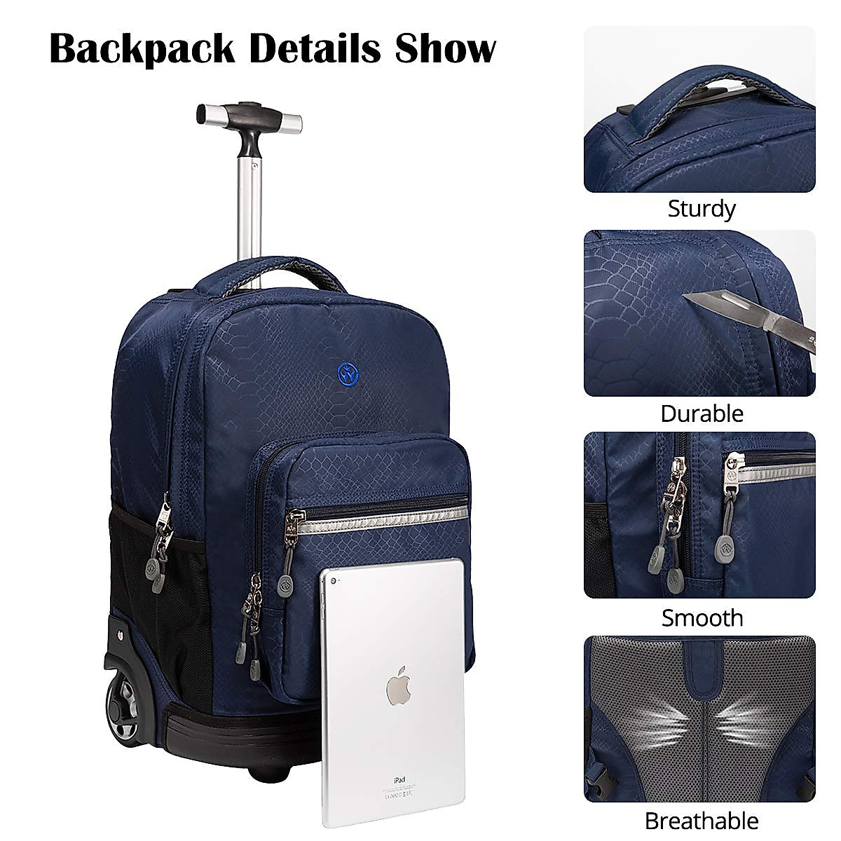 WEISHENGDA 18 inches Wheeled Rolling Backpack for Boys and Girls School Student Books Laptop Travel Trolley Bag, Dark Blue