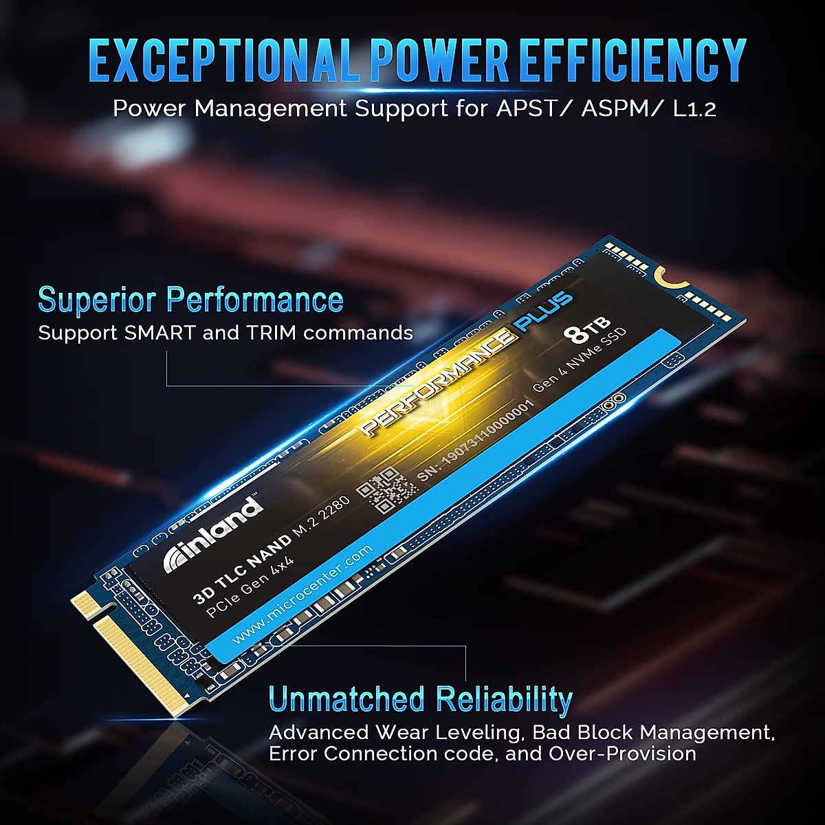 INLAND 8TB Performance Plus NVMe Internal Gaming SSD Solid State Drive - Gen4 PCIe, M.2 2280, DRAM Cache, 176-Layer TLC 3D NAND Flash, Up to 7000MB/s