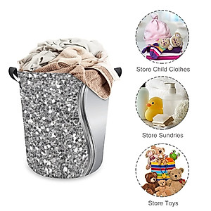 Silver Faux Glitter Glam Bling Laundry Basket Hamper Bag Dirty Clothes Storage Bin Waterproof Foldable Collapsible Toy Organizer for Office Bedroom Clothes Toys Gift Basket
