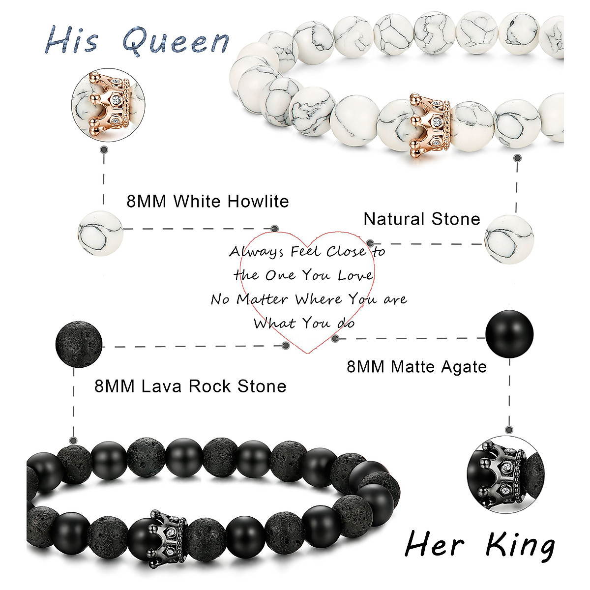 FIBO STEEL 4 Pcs Couples Bracelet for Men Women His & Her Crown Queen Bracelets Set 8mm Beads Bracelets
