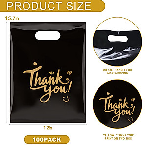 100Packs Thank You Shopping Bags for Boutique Small Business Die Cut Handle 12x15 Inch Glossy Bulk Retail Merchandise Bags Black Gold Plastic Reusable Gift Bags for T-Shirt Packaging Goodie Bags