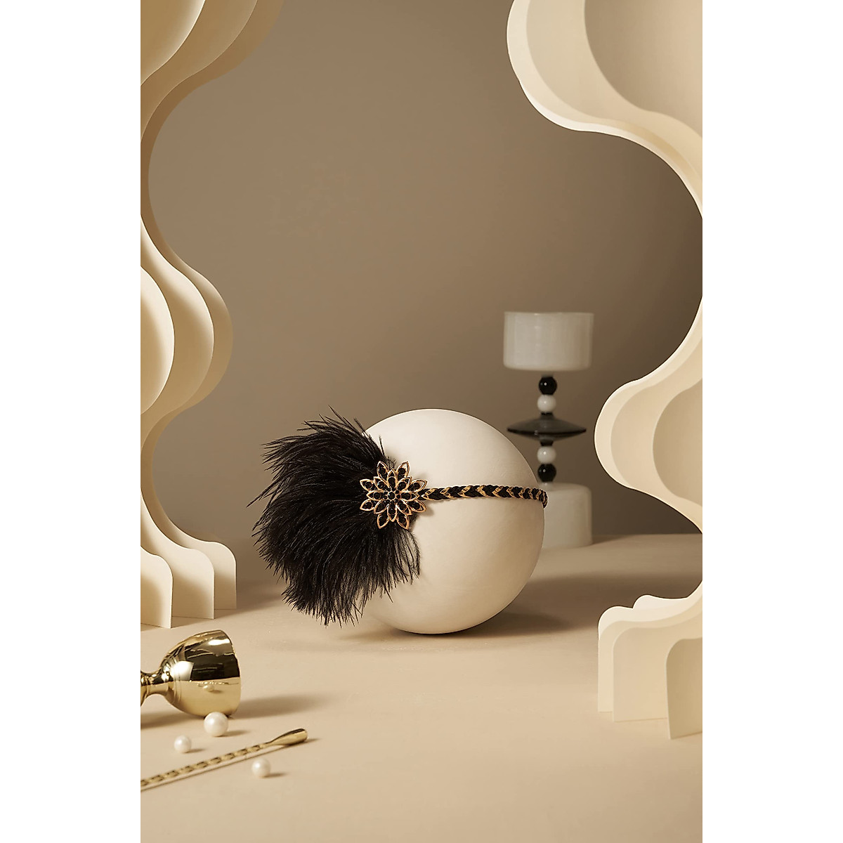 BABEYOND 1920s Flapper Headband Roaring 20s Headpiece Gatsby Ostrich Feather Headpiece with Crystal (Black Gold)