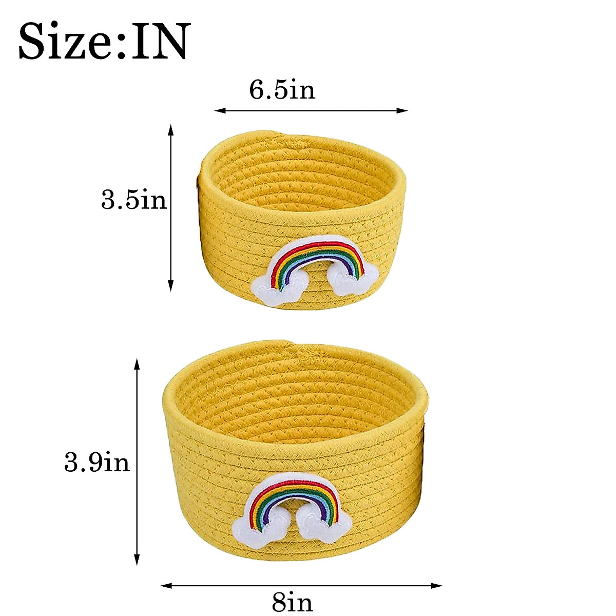 Set of 2 Small Woven Storage Baskets for Organizing,Small Cotton Rope Baskets Decorative Small Round Storage Bins for Desk Kids Socks Toys and Gifts (Yellow)