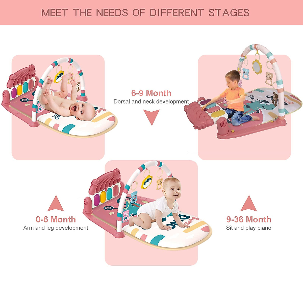 dearlomum Baby Play Mat Baby Gym, Piano Tummy Time Baby Activity Gym Mat with 5 Infant Learning Sensory Baby Toys, Music and Lights Boy & Girl Gifts for Newborn Baby 0 to 3 6 9 12 Months(Pink)