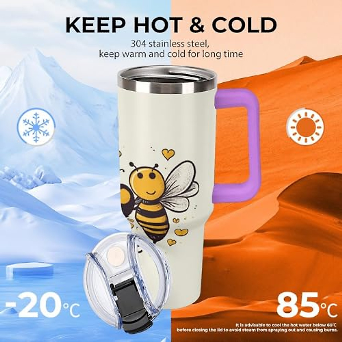 FHENMSA 40 Oz Insulated Coffee Mug Tumbler with Handle,Bee Love Honey Print Insulated Tumbler,Stainless Steel Travel Mug with Lid And Straw