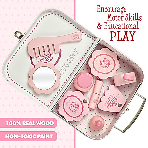 Dragon Drew Wooden Toy Beauty Set – 10 Piece Kit - Girls Salon Set with Makeup, Brush, Mirror and Cosmetics Case - 100% Natural Wood, Nontoxic Paint, Smooth Edges