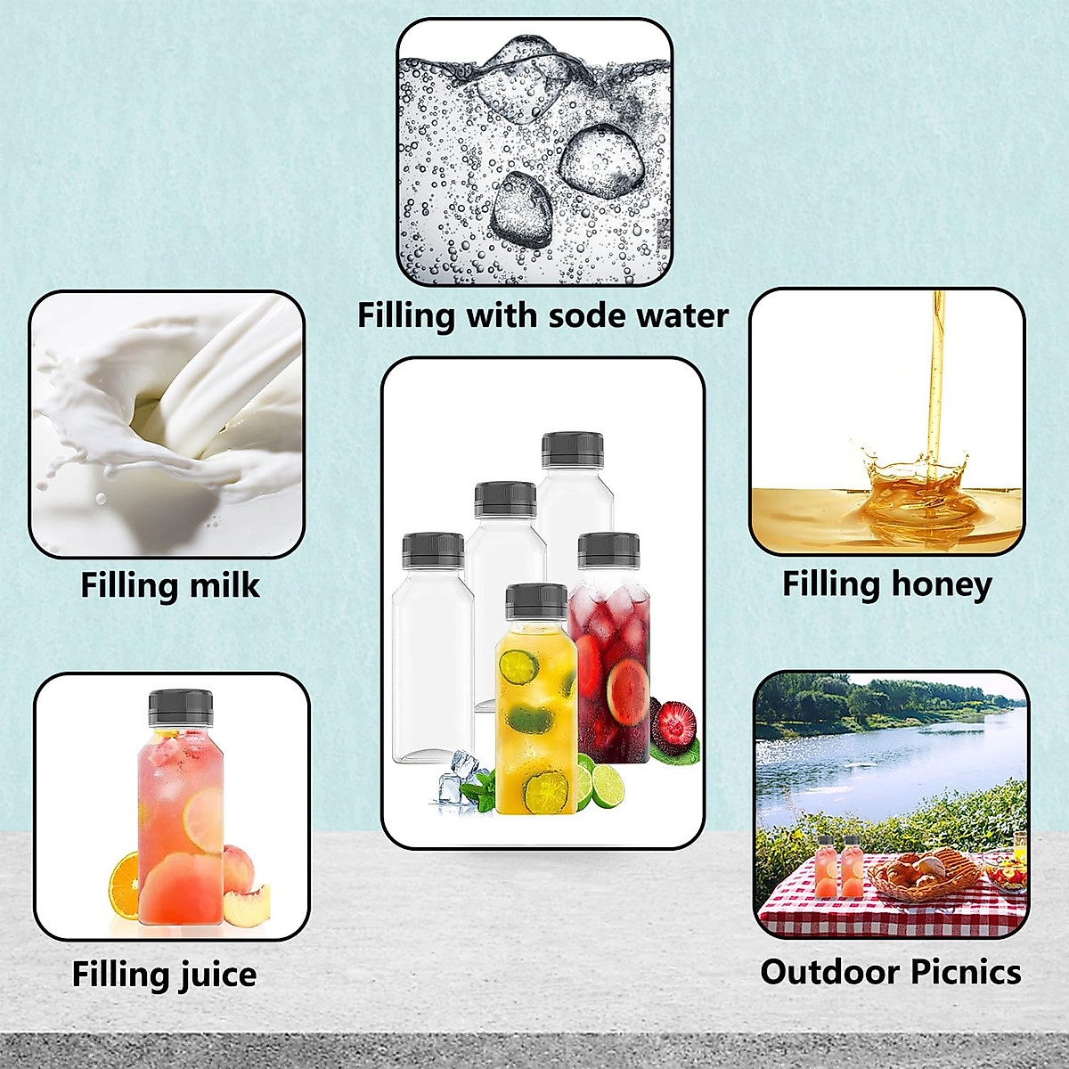 Goiio 5 Pcs 6 Ounce Plastic Juice Bottles, Clear Bulk Beverage Containers, for Smoothies, Juice Milk and Homemade Beverages