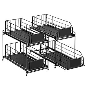 MOOACE 2 Pack Sliding Cabinet Basket Organizer, Bathroom Organizer Under Sink Shelf, Under Kitchen Cabinet Organizer, 2 Tier Multi-purpose Under Sink Storage Rack, Black