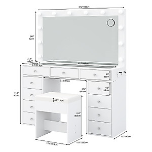 Yanosaku Vanity Desk & Power Outl, Makeup Vanity with Mirror and 12 LED Lights, Makeup Table with 11 Drawers, Vanity Table with Chair，Vanity Set 3 Lighting Modes Brightness Adjustable-(White)