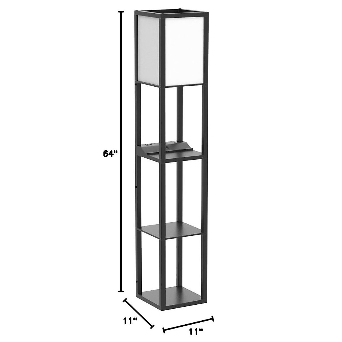 Touch Control Shelf Floor Lamp With QI Wireless Charging Station, Modern Dimmable LED Floor Lamps with Shelves, 2 Fast Charging USB Ports , Skinny Standing Floor Lamp for Living Room, Bedroom (Black)