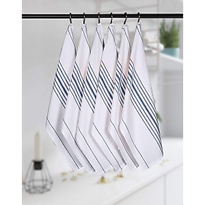 Native Fab 12 Pack Scandia Stripe Kitchen Dish Towels Cotton Absorbent Durable Washable 14x25 - Tea Towels, Dish Cloths, Restaurant Cleaning Towels, Kitchen Towels with Hanging Loop, Blue White