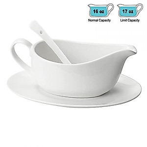 Qlans Gravy Boat With Ladle and Saucer 17 Oz,Ceramic Sauce Boat with Tray for Salad Dressings Milk,Warming Sauces,Creamer,Broth,Black Pepper,White (1 PCS New Gravy Boat With Ladle and Saucer)