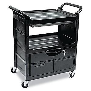 Rubbermaid Commercial Plastic Service and Utility Cart with Cabinet and Sliding Drawer, Black (FG345700BLA) 200 lbs