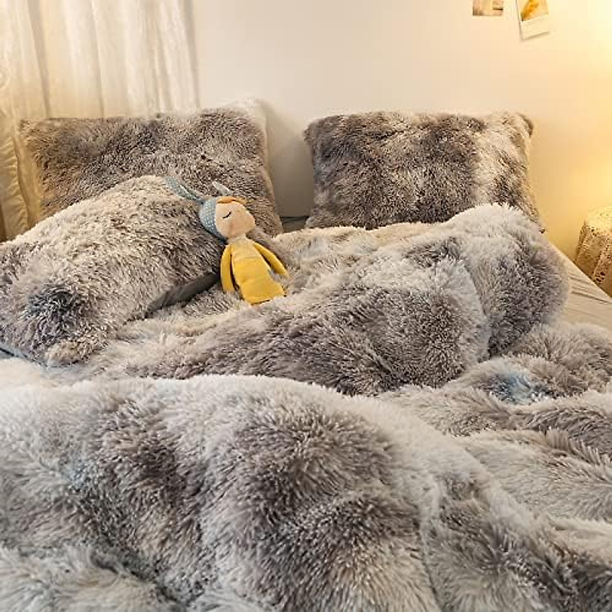 Jameswish Shaggy Plush Duvet Cover Set Super Soft Fluffy Faux Fur Comforter Cover Set Luxury Fuzzy Bedding Set 3 Piece(1Duvet Cover+2Pillowcases) with Zipper Closure(Queen Size,Gray White Ombre)