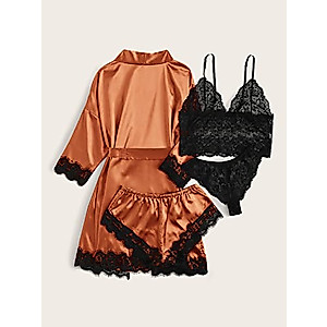 WDIRARA Women' Silk Satin Pajamas Set 4pcs Lingerie Floral Lace Cami Sleepwear with Robe Pure Orange M