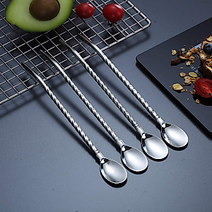 Iced Tea Spoon With Straw Handle For Drinking, 4 Pieces 8.7" Stainless Steel Long Handle Bar Spoon Silverware For Mixing and Stirring (4 Packs)