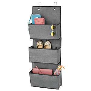 mDesign Fabric Hanging Organizers for Over The Door Storage in Bedroom/Hallway Closets, 3 Pocket Organizer Caddy, Hooks for Clothing, Accessories, Lido Collection, Textured Print, Charcoal Gray/Black
