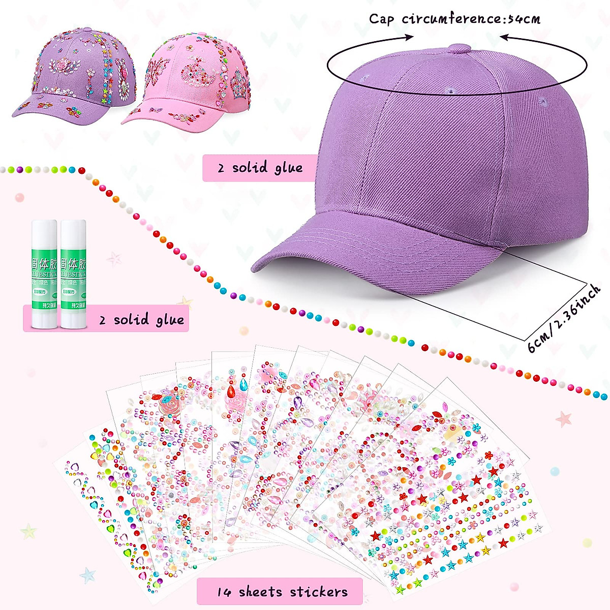 JenPen 2 Pcs Decorate Your Own Baseball Cap with 14 Sheets Adhesive Gems Stickers Rhinestone Glitter Gem Stickers with Unicorn Tote Bag, Funny Creative DIY Arts Crafts Activity for Kids Girls Toys