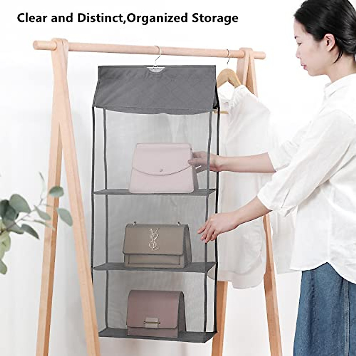 enloritas 2PCS Handbag Hanging Purse Organizer，Hanger Oxford Cloth Nonwoven Hanging Closet Storage Bag , Closet Organizer with 360 Degree Swivel Hook Foldable and Universal, Grey