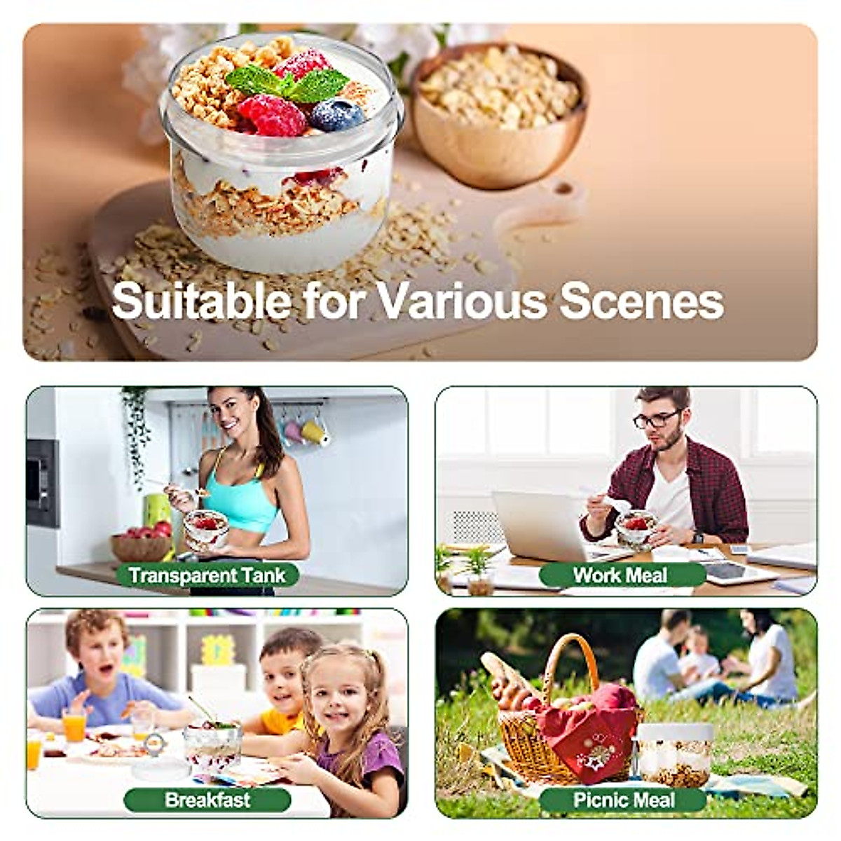 20oz Overnight Oats Containers with Lids,Oatmeal Container To Go with Lids and Spoon Leak-proof Overnight Oats Jars for Breakfast On The Go Cups (White)