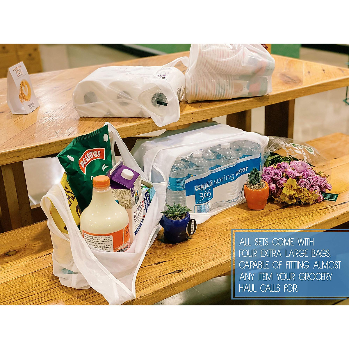 DUAL Purpose Reusable Produce and Grocery Bags, Set of 9 SEE THROUGH Mesh | with Handles | Shopping Bags & Farmers Market Net Bag, Washable | Storage for Food, Fruits, Vegetable and Shopping Organizer