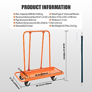 Heavy Duty Dolly Panel Dolly Drywall Sheet Board Cart with 5" Swivel Wheels 3000LBS Load Platform Truck Cart Plywood Dolly for Wall Panel, Wood Panel, Sheetrock Granite Sheet Tile Dolly Cart