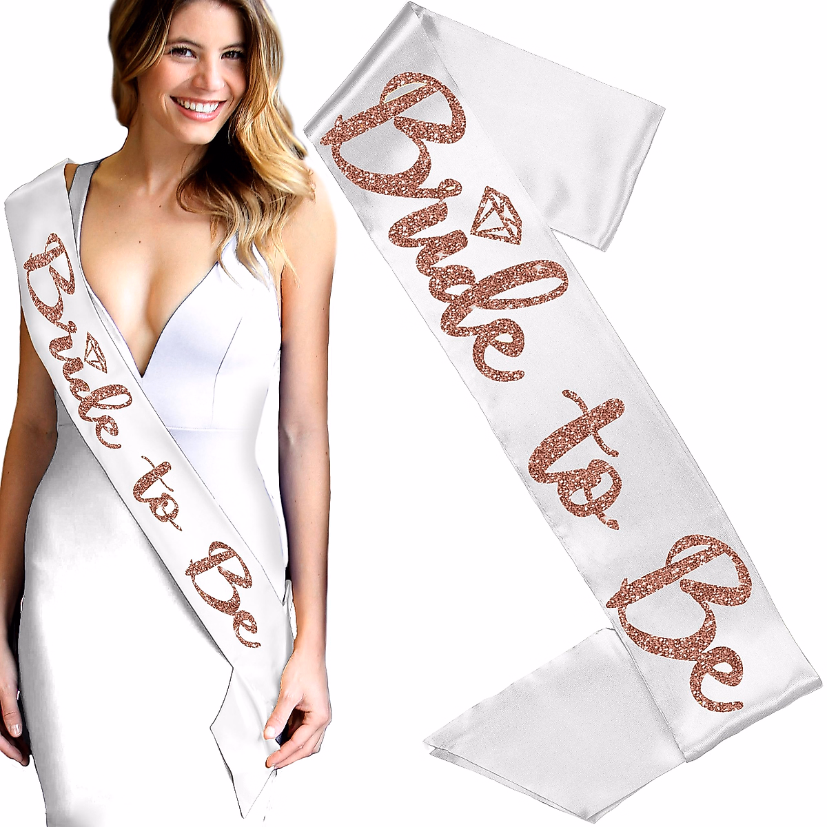 Bride Rose Gold Sash - BRIDAL GRADE SATIN Bride to Be Sparkle with Diamond motif - Bachelorette Party Decorations - White Satin Sash(BrdDia RsGld) Wht