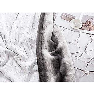 Cable Knit Sherpa Oversized Throw Reversible Blanket Faux Sheepskin Lined Cozy Cotton Blend Sweater Knitted Afghan in Grey White or Turquoise Blue (White Chinchilla)