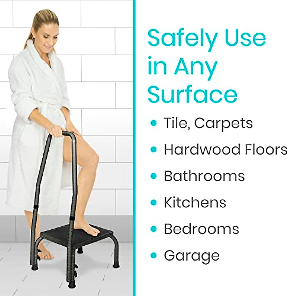 Vive Step Stool with Handle for Elderly and Adults - Bariatric Heavy Duty Footstool Riser for Kids - Platform with Handrail for Kitchen, Bedroom, Bathroom - Portable, Lightweight Step for Senior