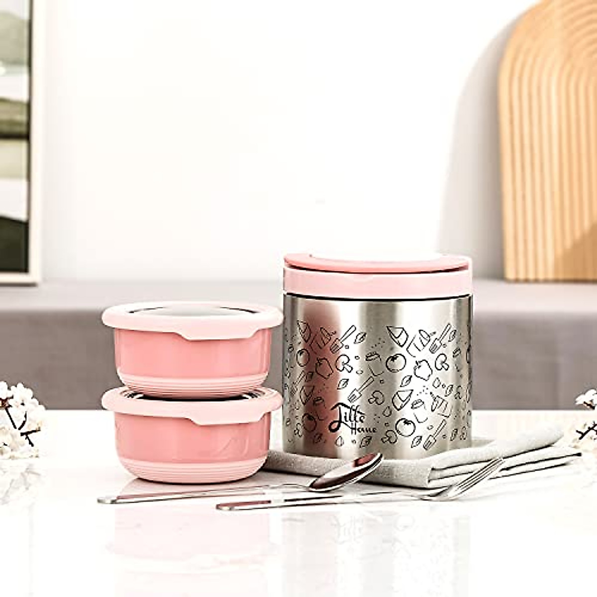 Lille Home Lunch Box Set, A Vacuum Insulated Bento/Snack Box Keeping Food Warm for 4-6 Hours, Two Stainless Steel Food Containers, A Lunch Bag, A Portable Cutlery Set (Pink)