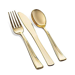 700 Piece Gold Dinnerware Set - 200 Gold Rim Plastic Plates - 300 Gold Plastic Silverware - 100 Gold Plastic Cups - 100 Linen Like Gold Paper Napkins, 100 Guest Disposable Gold Dinnerware Set