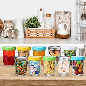 Lallisa 12 Pcs 16 oz Wide Mouth Glass Mason Jars with Colored Plastic Lids and Metal Airtight Lids Food Storage Jars Overnight Oats Containers for Crafts Meal Preparation Pickling 1 Pint Canning